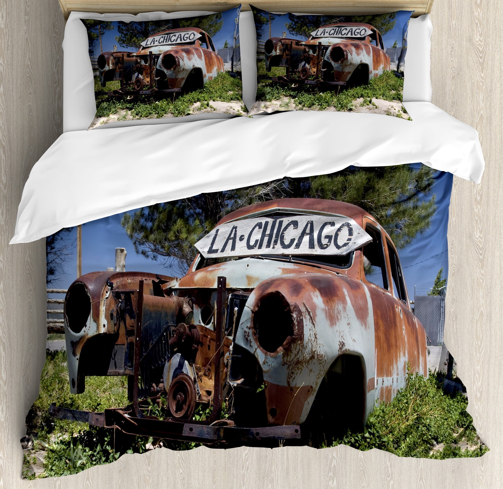 Vintage Car Duvet Cover Set, Old Car Trees Greenery in the Famous Route ...