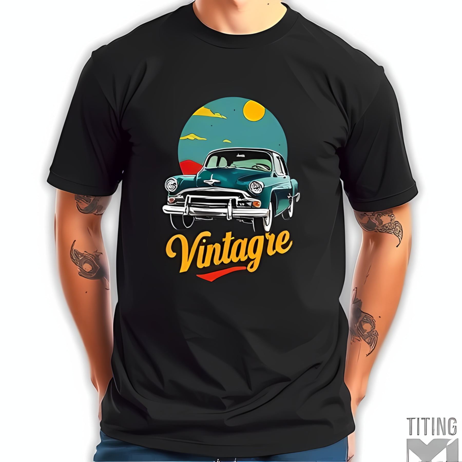 Vintage Car Graphic Cotton Short Sleeve T-Shirt - Retro Teal Classic ...