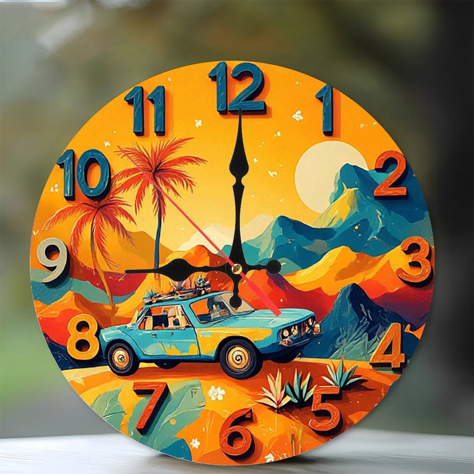 Vintage Car Palm Tree Sunset Wall Clock 10-Inch Silent Wooden Wall ...