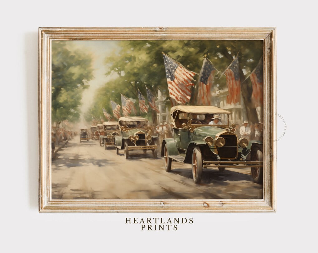 Vintage Car Patriotic 4Th Of July Parade Wall Art American Flag Artwork ...