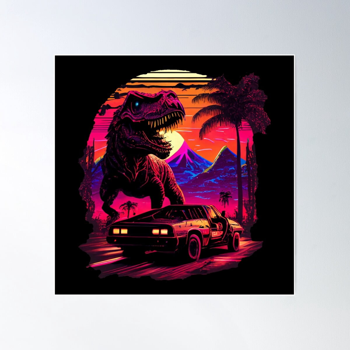 Vintage Car Vs Prehistoric T-Rex Beast Poster Wall Art, Modern Wall ...
