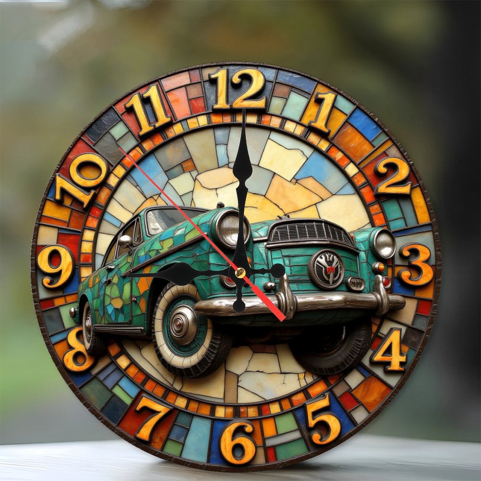 Vintage Car Wall Clock with Stained Glass Design 10-Inch Silent Wooden ...