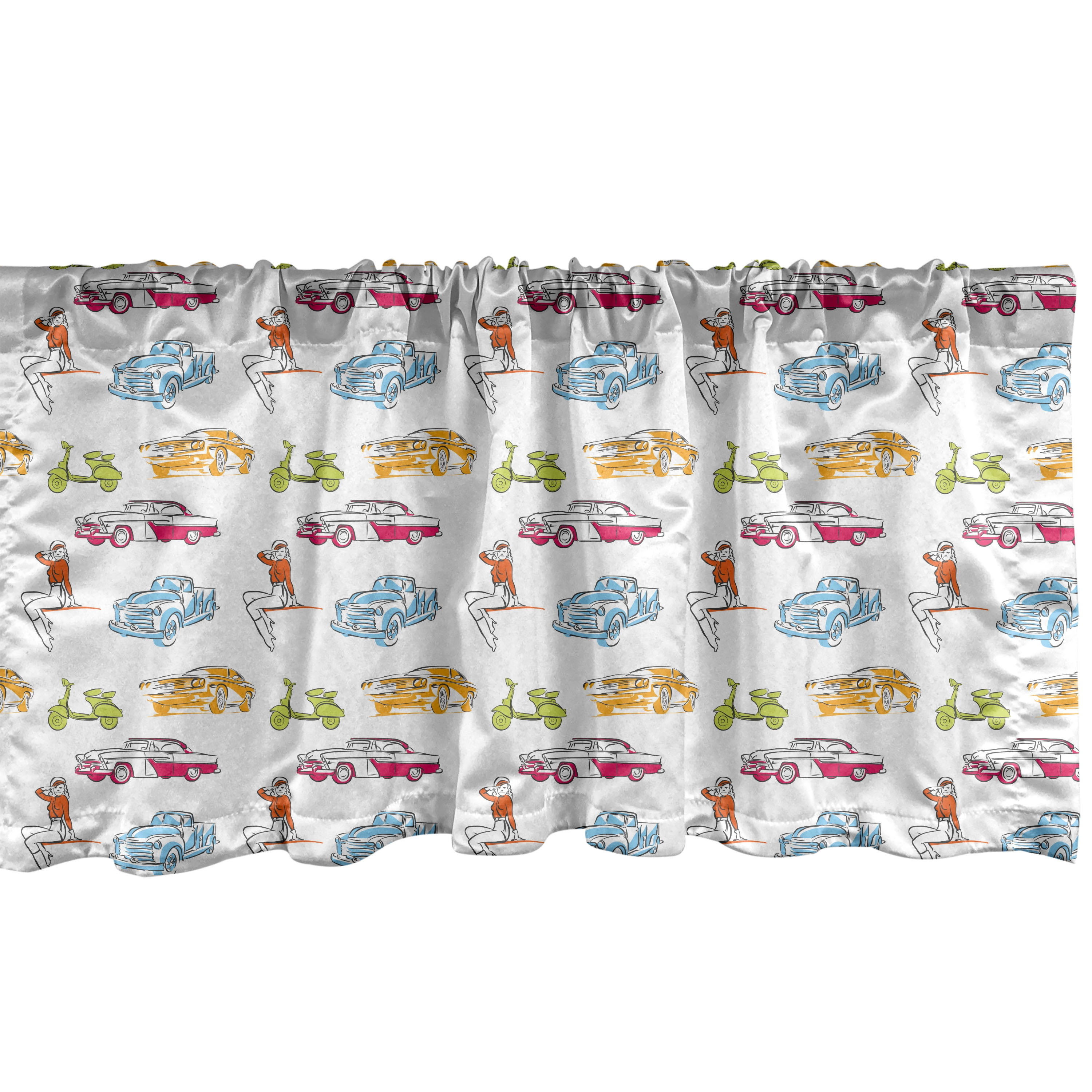 Ambesonne Vintage Car Valance Pack of 2, Retro Vehicles and Girl, 42 ...