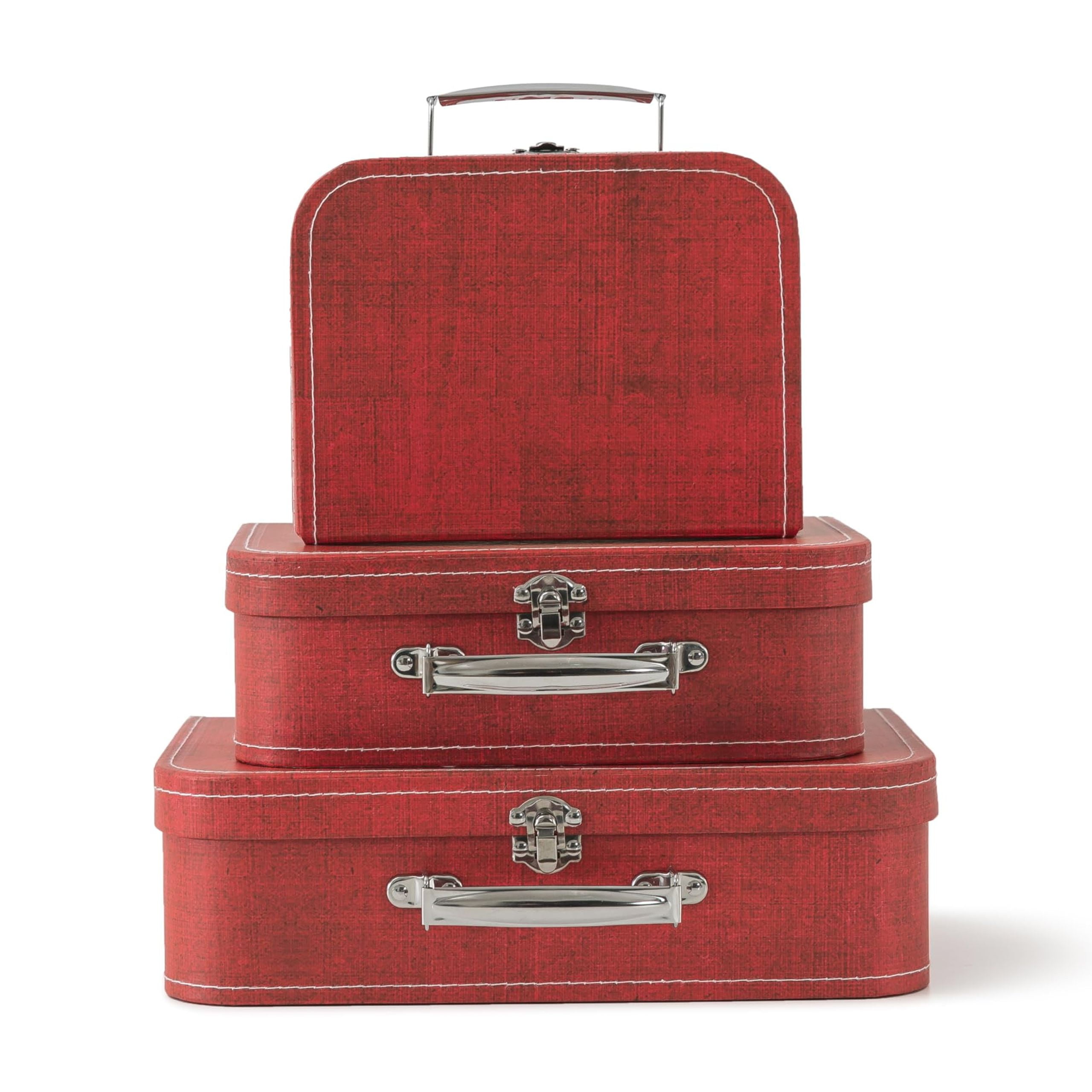 Vintage Cardboard Suitcase Boxes Set of 3 with Handles, Distressed Red ...