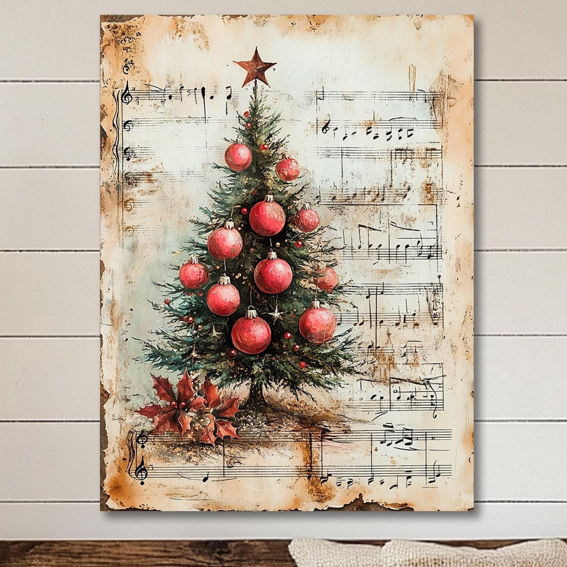 Vintage Carols Sheet Music Wall Art, Tree Oil Painting Print, Light ...