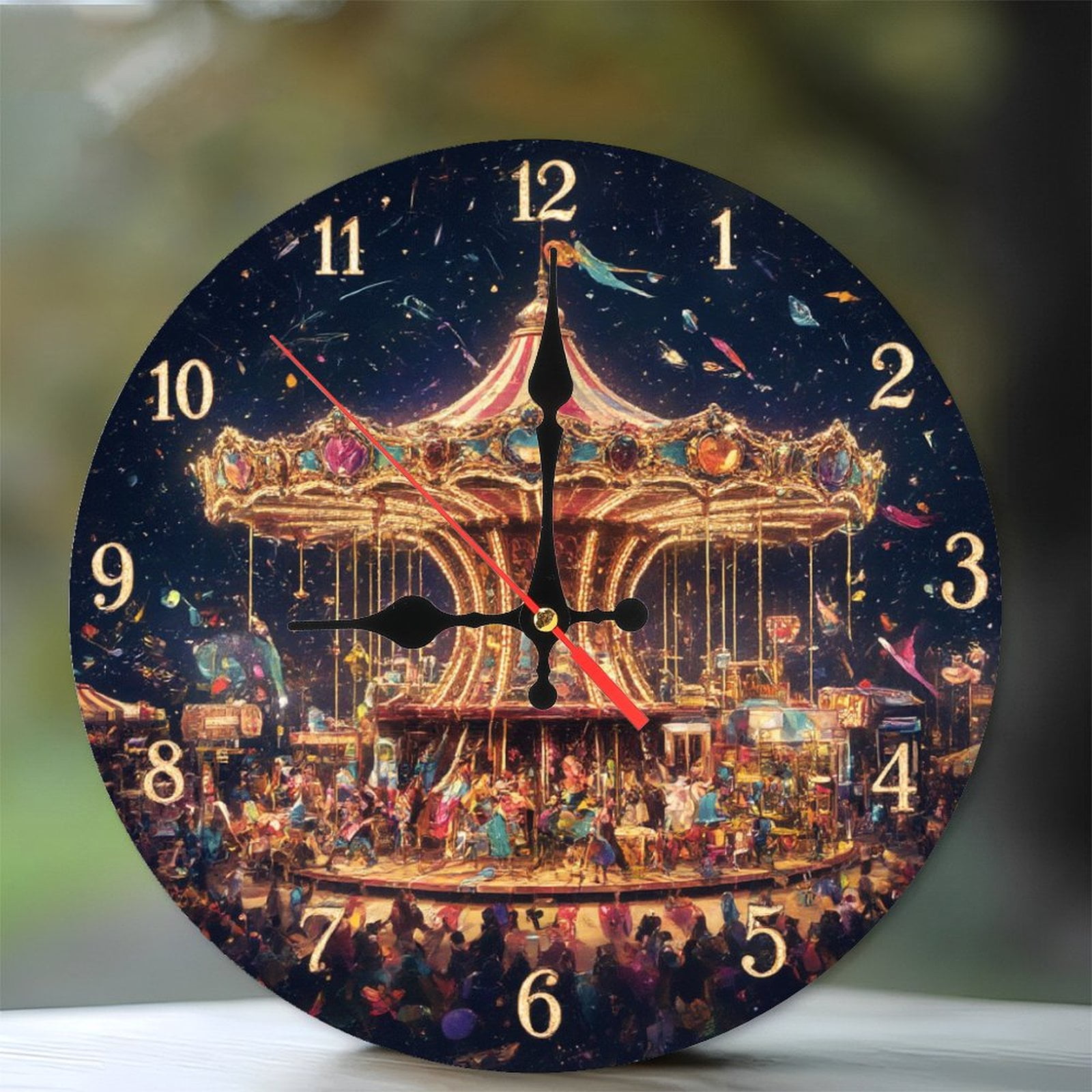 Vintage Carousel Clock Night Fairytale Art Print 10-Inch Silent Wooden ...