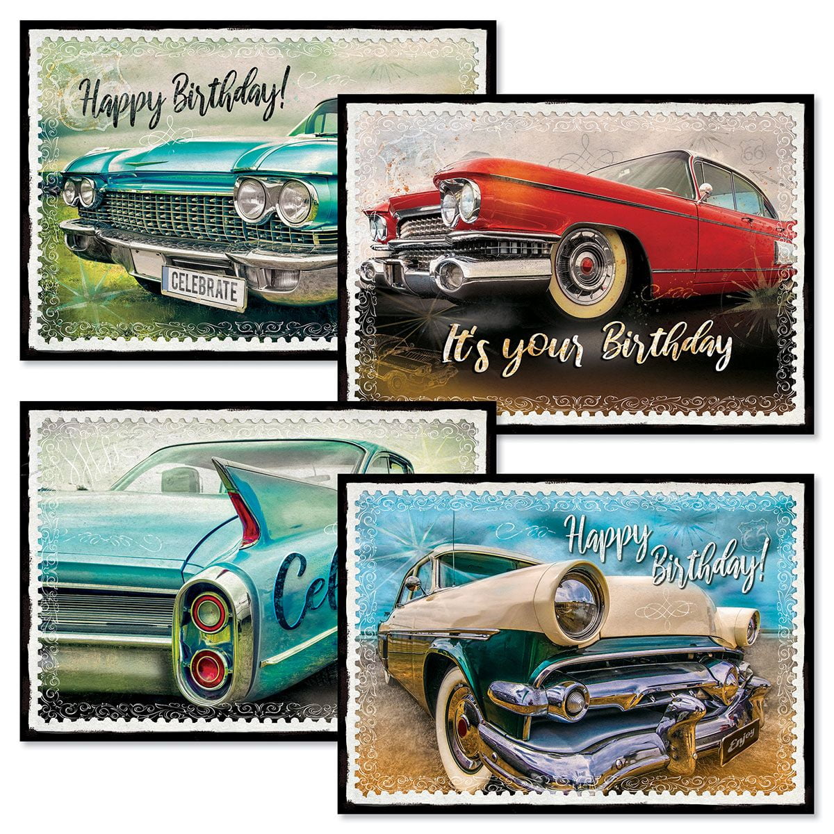 Vintage Cars Birthday Cards - Set of 8 (2 each of 4 Designs), Men's ...