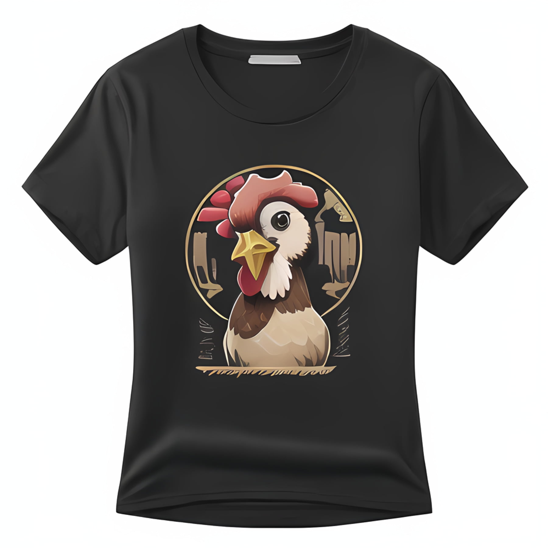 Vintage Cartoon Chicken Logo Black T-Shirt with Golden Circular Pattern ...