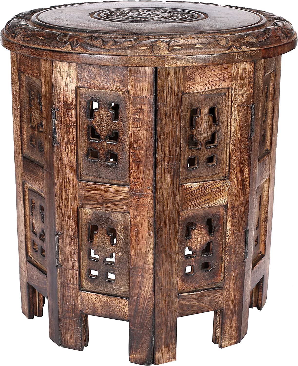 Vintage Carved Round End Table – 12" Small Rustic Boho Accent Coffee ...