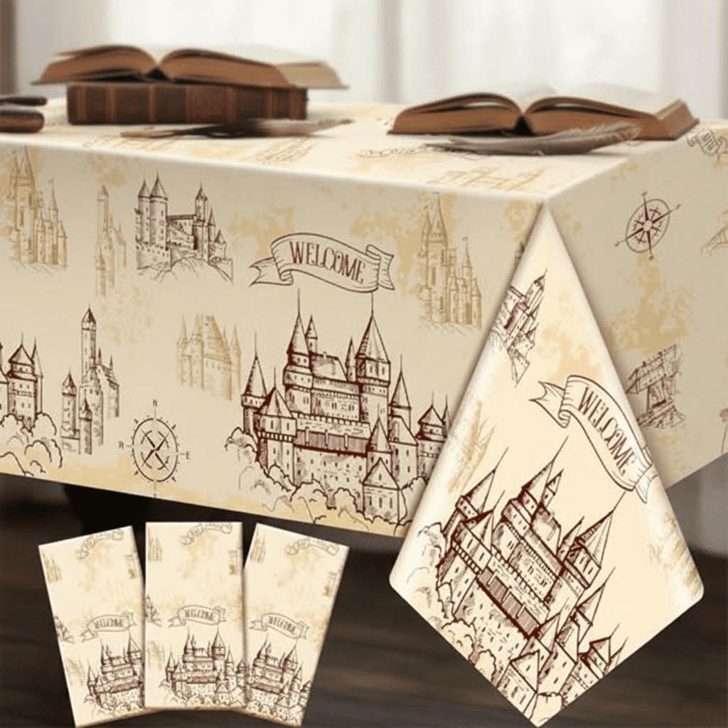 Vintage Castle Design Plastic Tablecloth Set, 3-Piece Disposable ...
