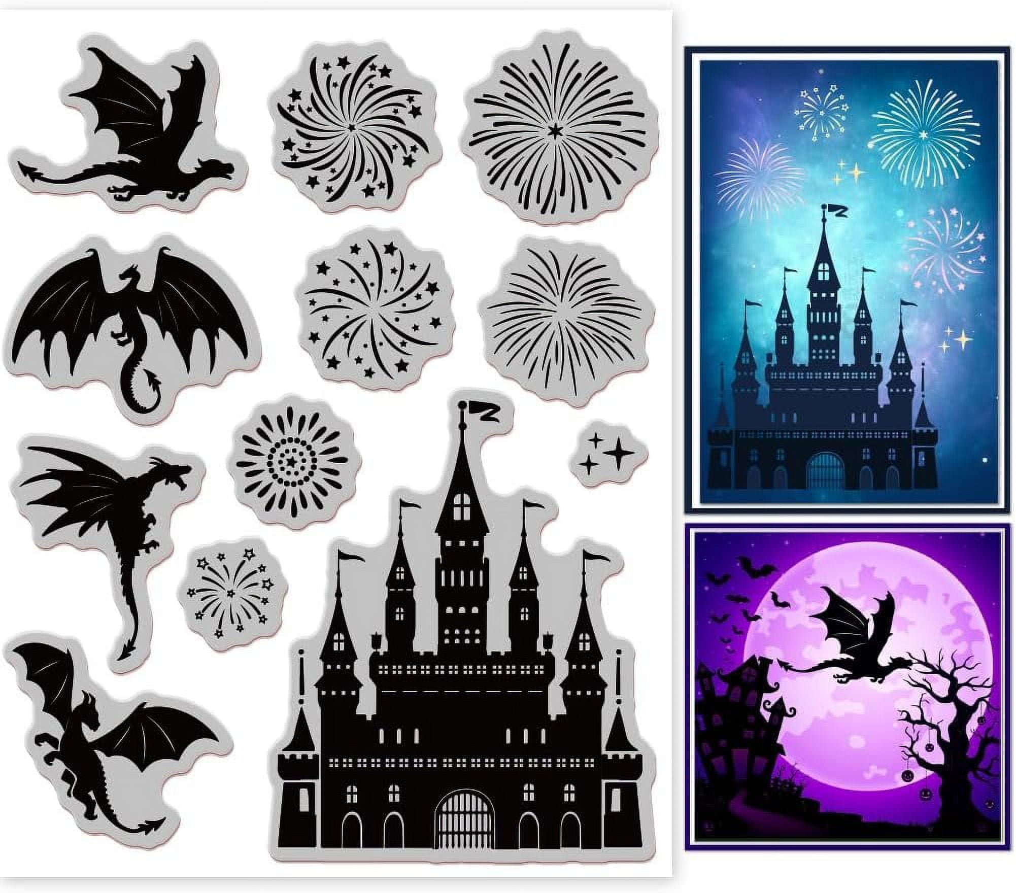 Vintage Castle Dragon Cling Rubber Stamp 7.09x8.66inch Castle Firework ...