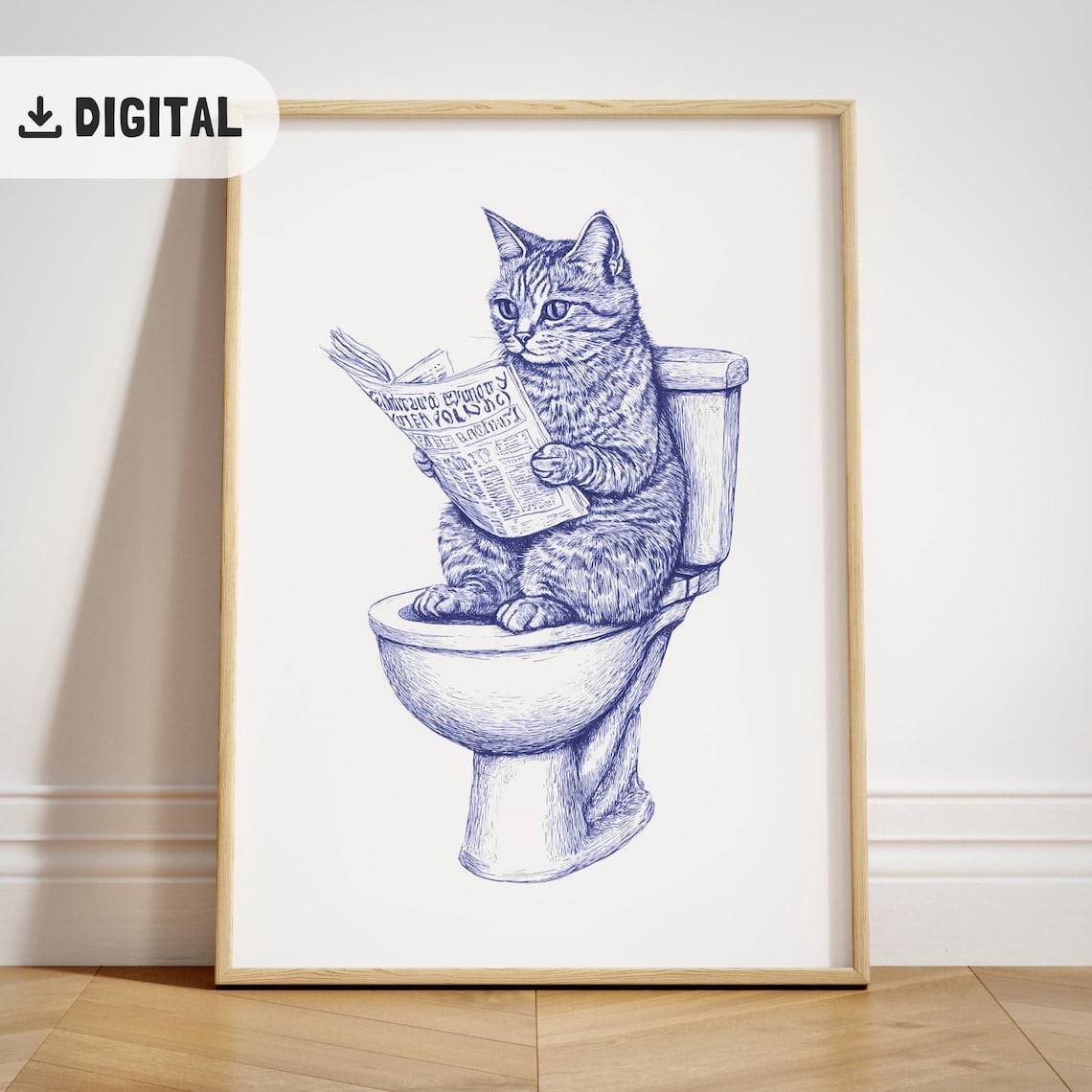 Vintage Cat Bathroom Poster Cat On Tet Wall Art Retro Blue Cat ...