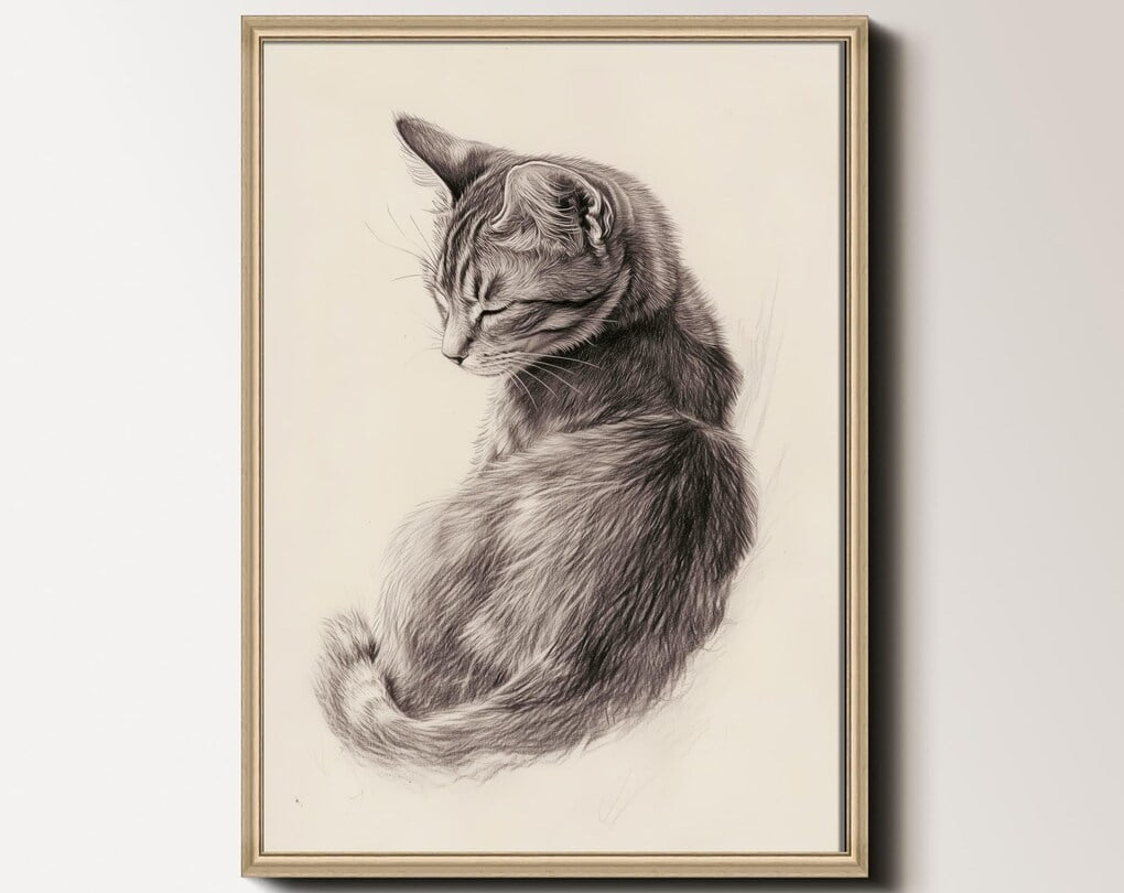 Vintage Cat Drawing Print , Black And White Cat Sketch, Minimalist Cat ...