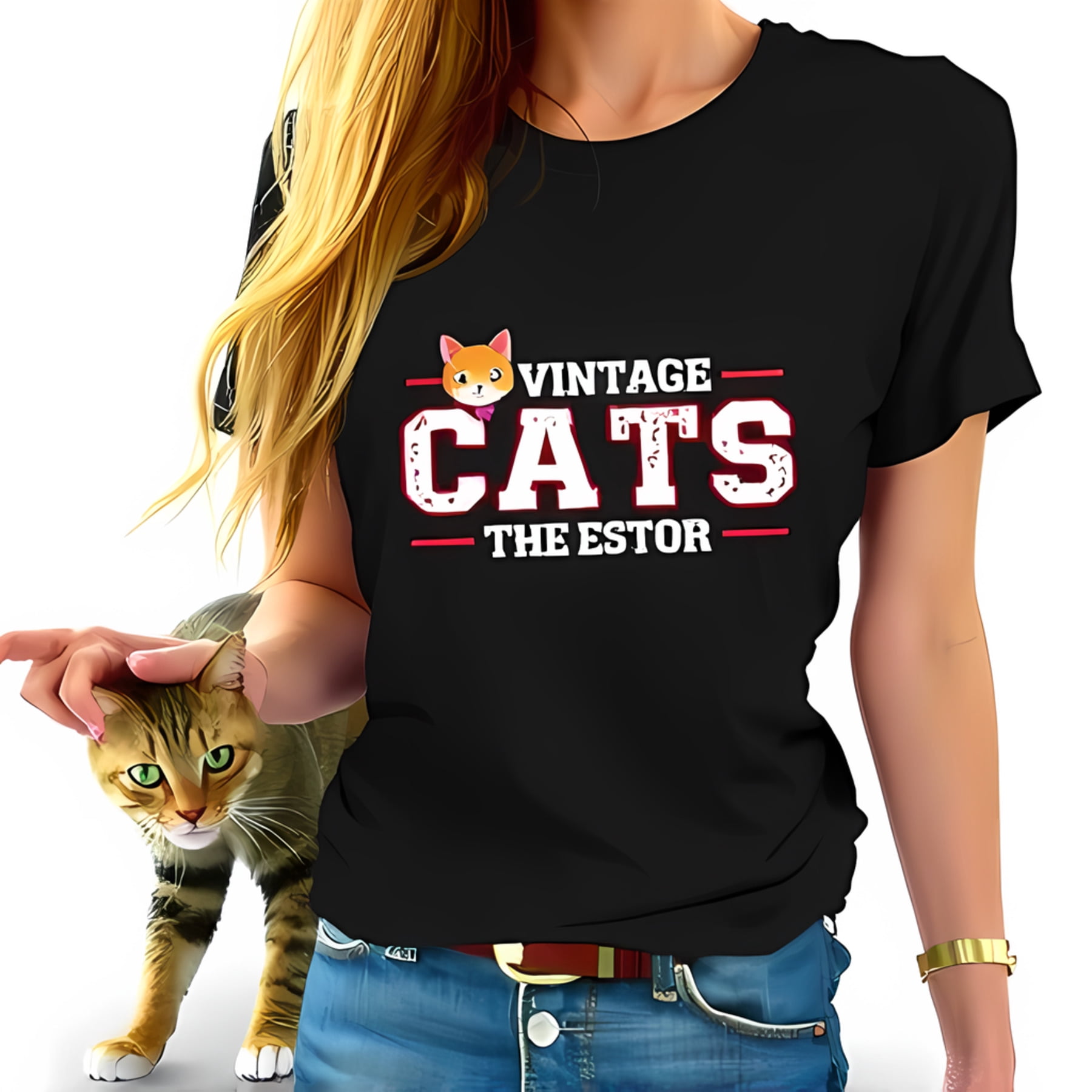 Vintage Cat Graphic Cotton Short Sleeve T-Shirt for Cat Lovers - Retro ...