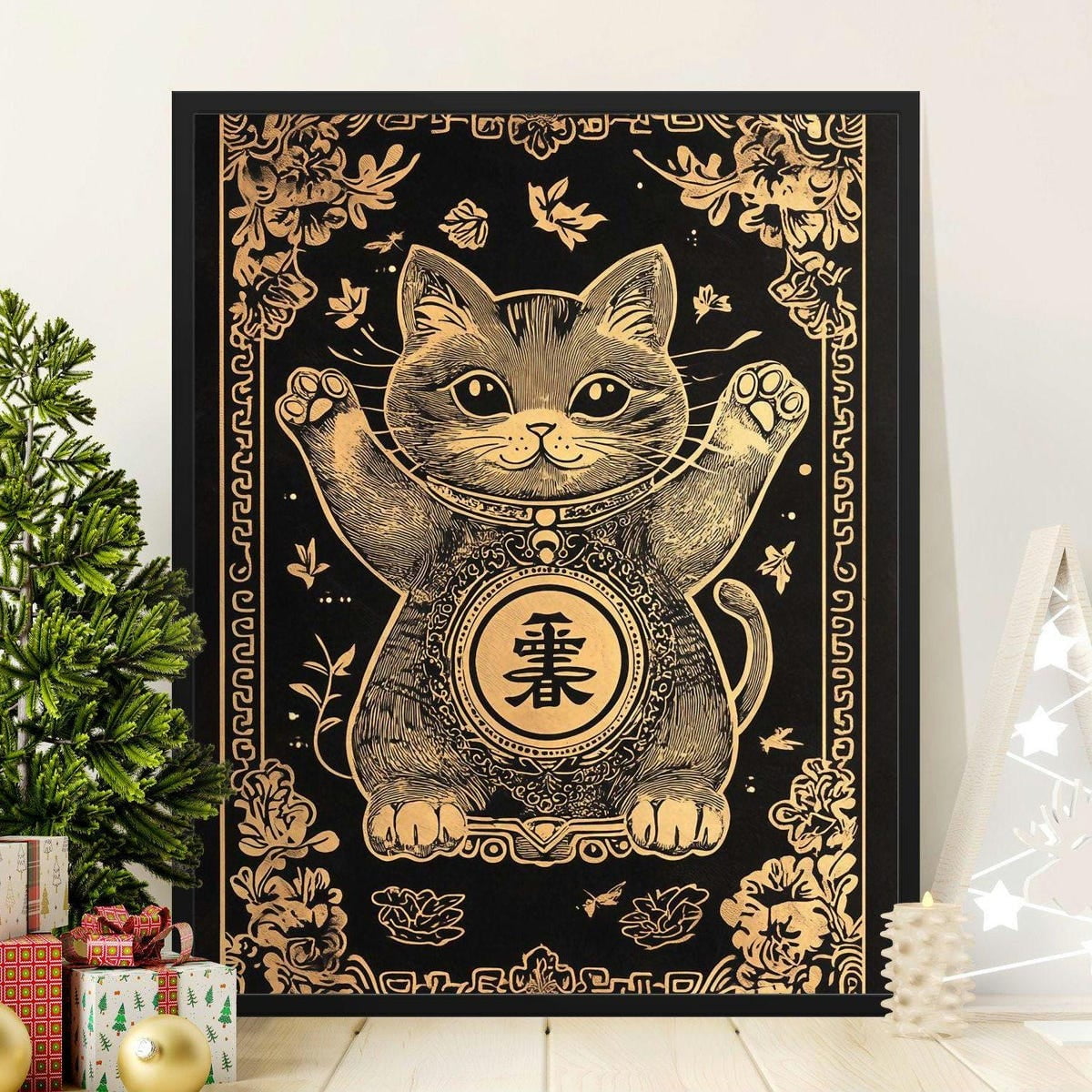 Vintage Cat Luck Poster, Maneki Neko Wall Art, Lucky Cat Print, Asian Culture Decor, Gold and ...