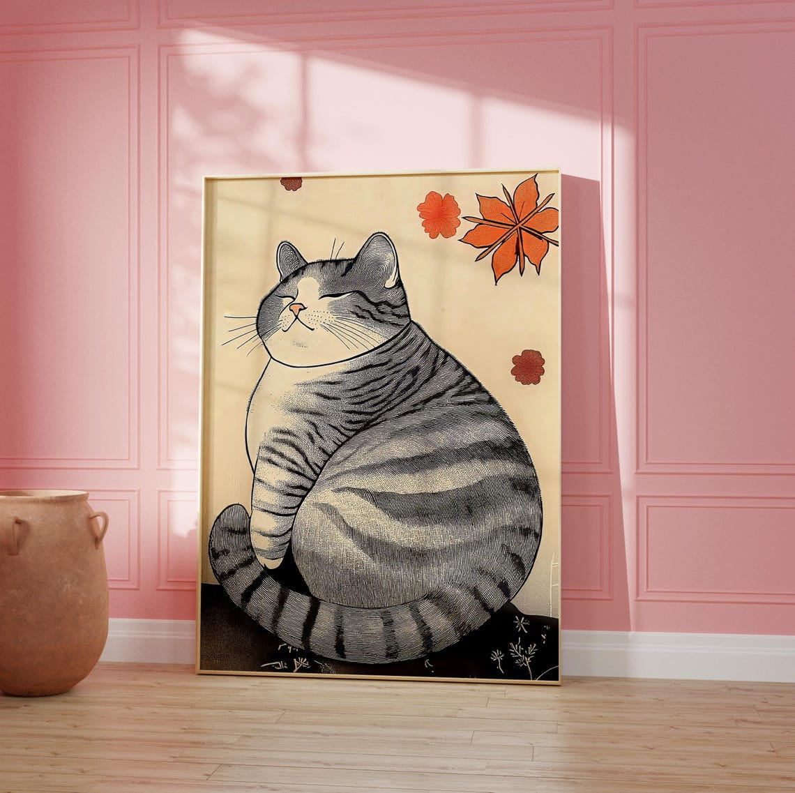 Vintage Cat Poster, Happy Chubby Tabby Cat Art Print, Japanese Decor ...