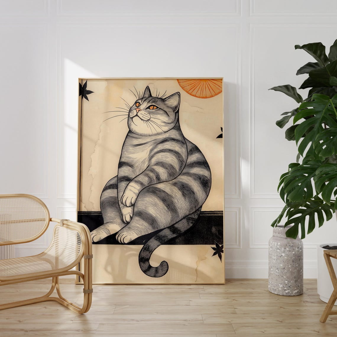Vintage Cat Poster, Happy Chubby Tabby Cat Art Print, Japanese Decor ...