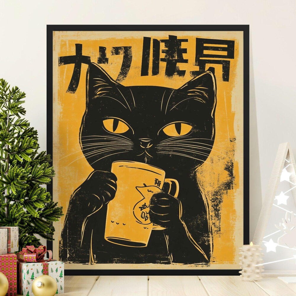 Vintage Cat Poster, Retro Black Cat Art Print, Japanese Inspired Wall ...