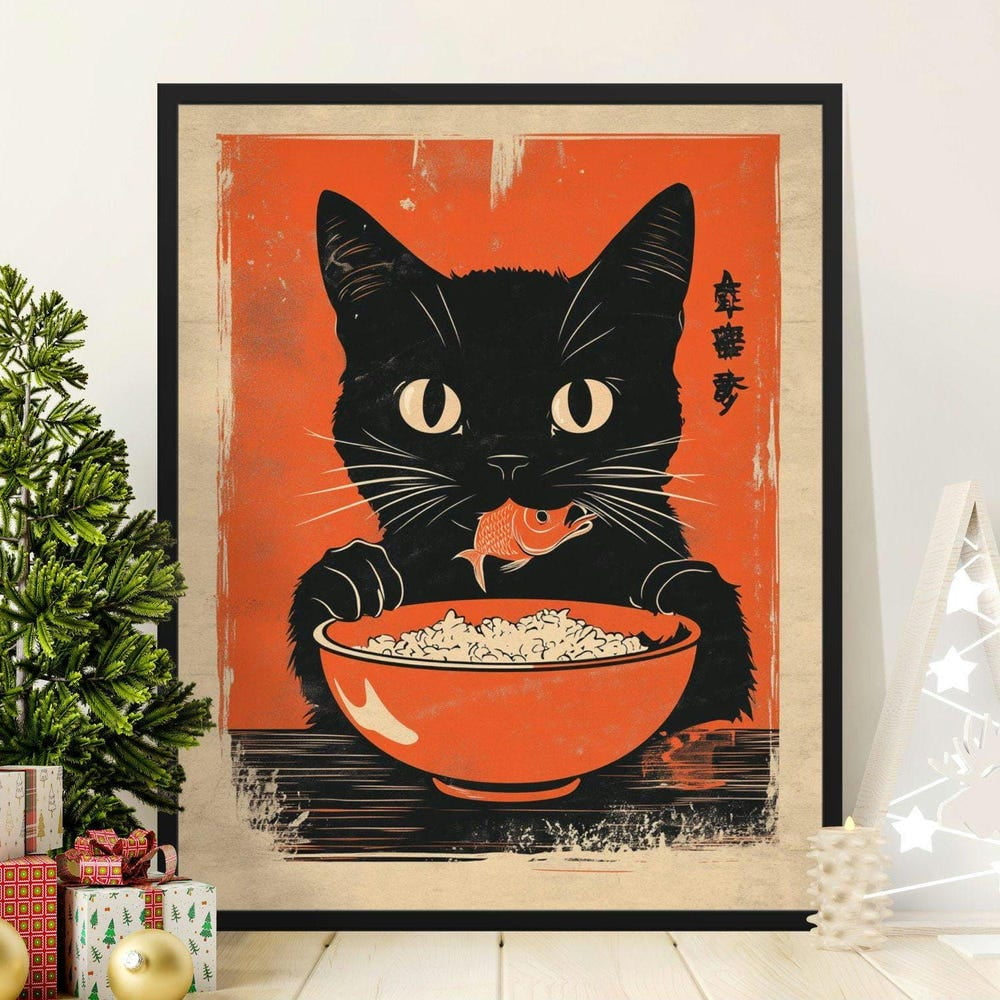 Vintage Cat Poster, Retro Cat Kitchen Art, Black Cat Wall Decor, Cute ...