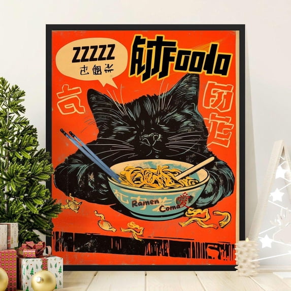 Vintage Cat Ramen Wall Art Retro Asian Noodle Poster Funny Black Cat ...
