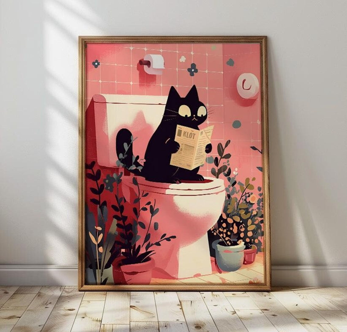 Vintage Cat Reading Newspaper Bathroom Print, Whimsical Toilet Wall Art ...