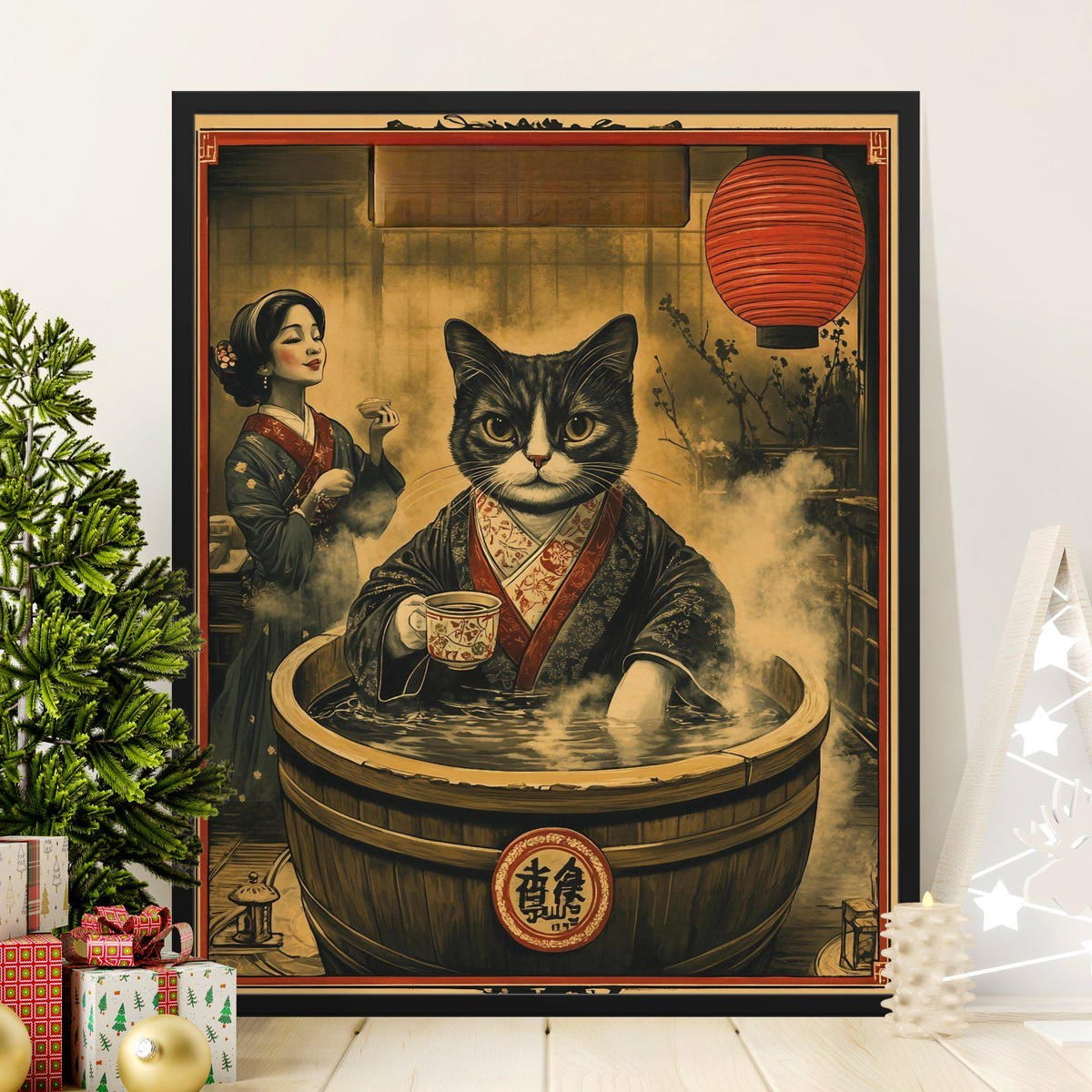 Vintage Cat in Onsen With Geisha Girl Poster, Retro Asian Bathhouse ...