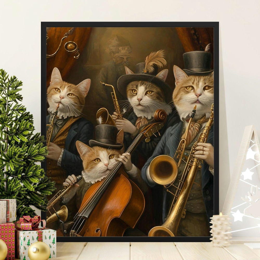 Vintage Cats Jazz Band Poster, Whimsical Cat Orchestra Wall Art, Music ...