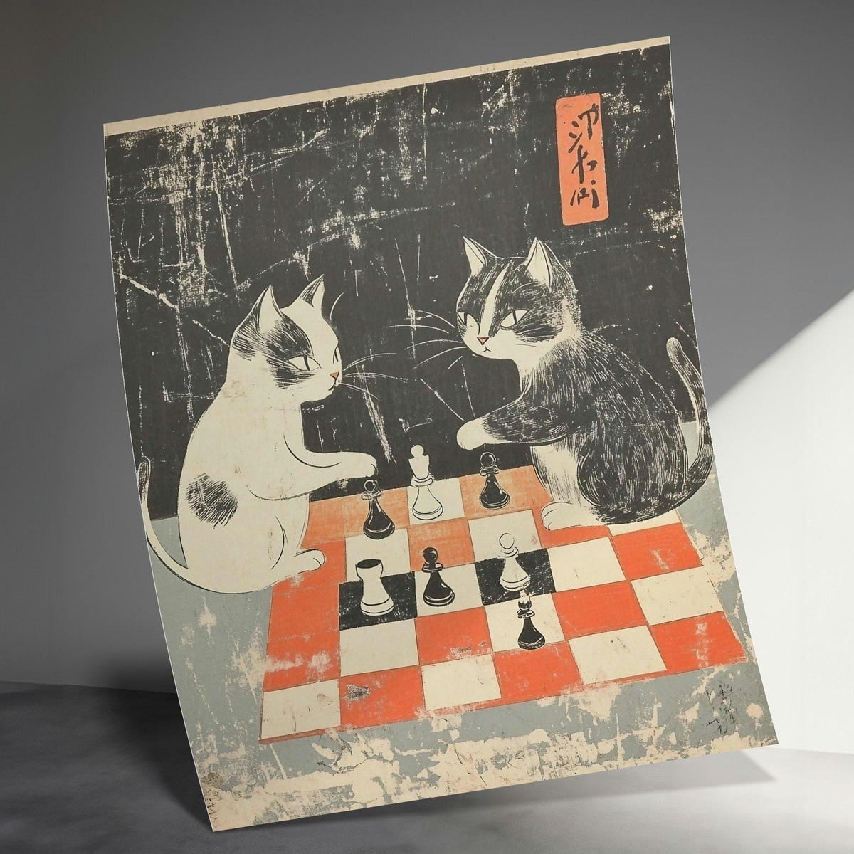 Vintage Cats Playing Chess Art Print, Retro Feline Chess Match Wall ...