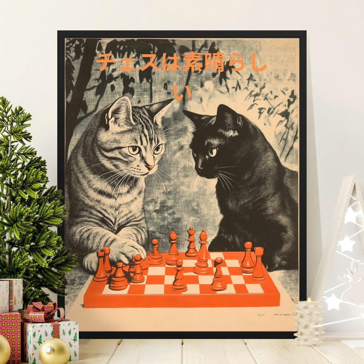 Vintage Cats Playing Chess Poster, Retro Art Print Cats Illustration ...