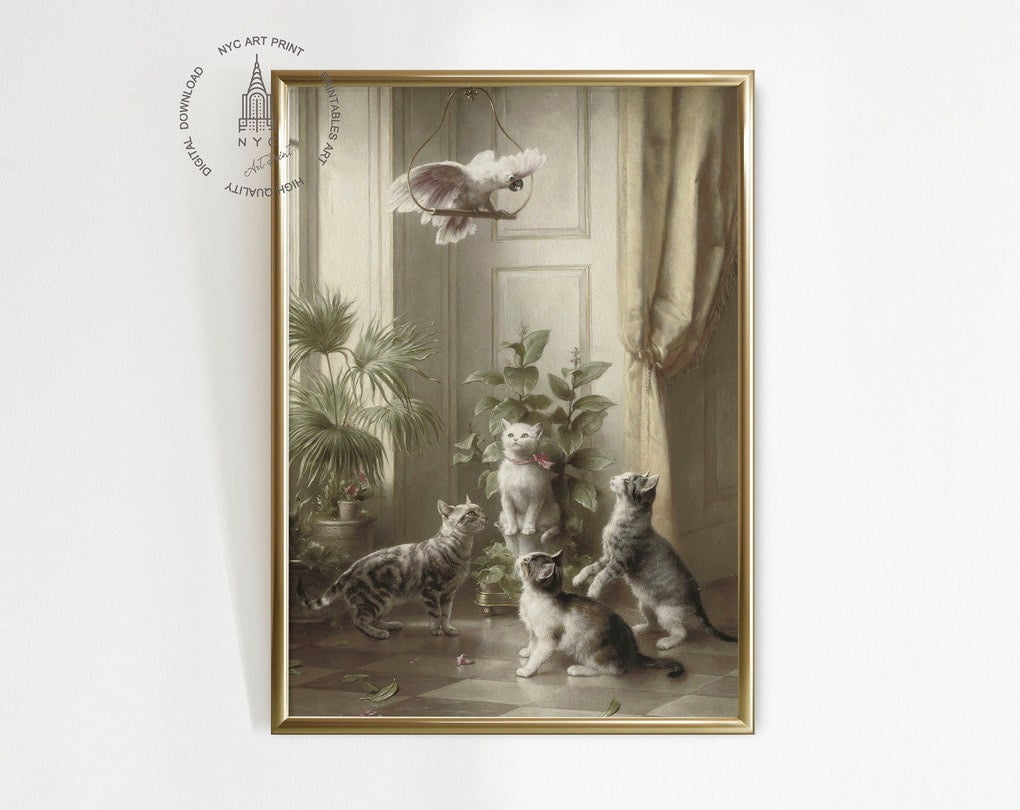 Vintage Cats Print, Cat Printable Wall Art, Cats And The Cockatoo ...