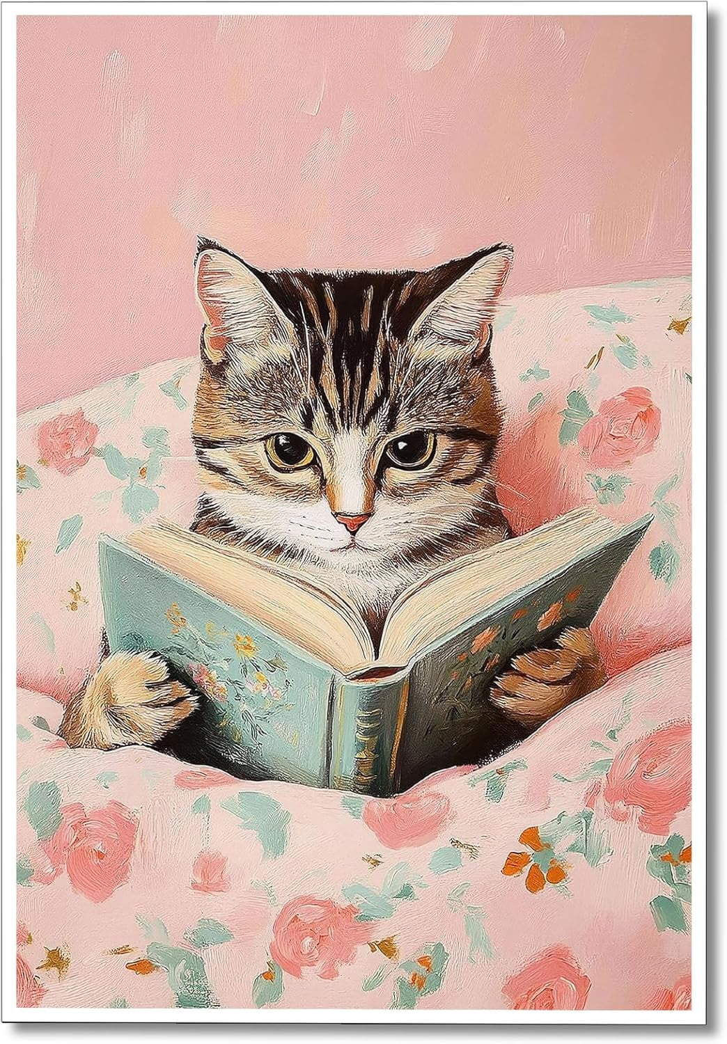 Vintage Cats Reading Books Canvas Wall Pink Funny Animal Room Aesthetic ...