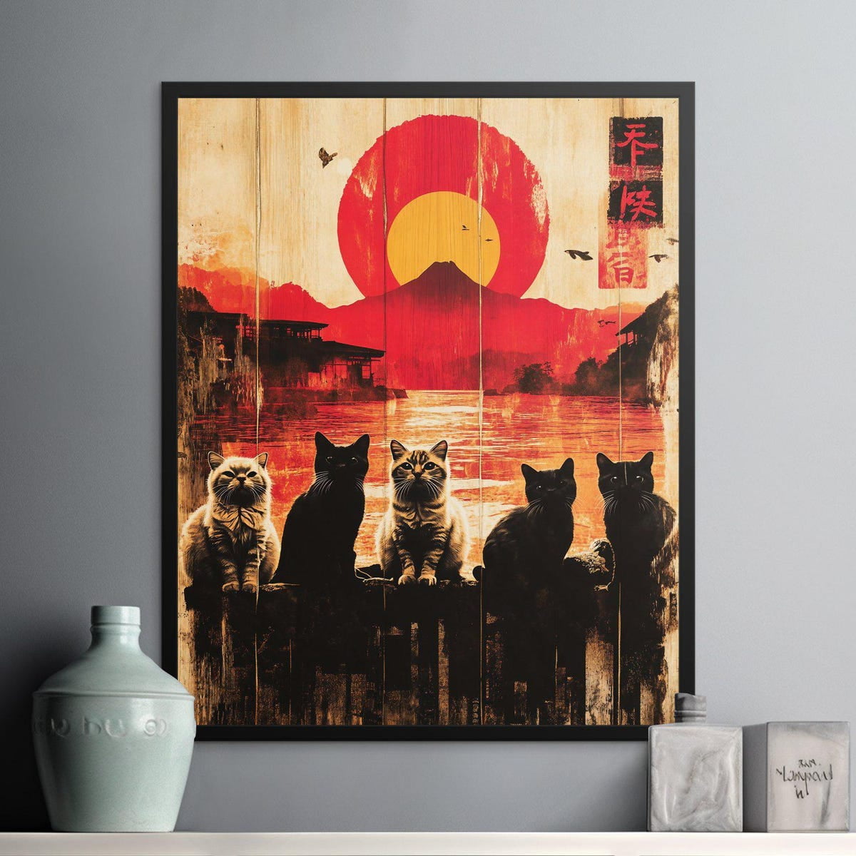 Vintage Cats Sunset Poster, Japanese Aesthetic Wall Art, Retro Cat ...