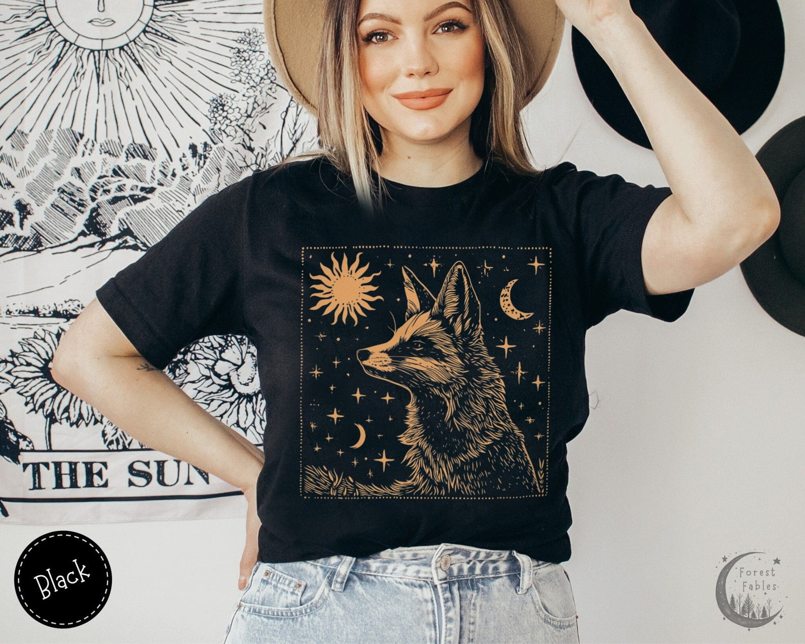 Vintage Celestial Folklore Fox TShirt, Sun Crescent Moon Boho Shirt ...
