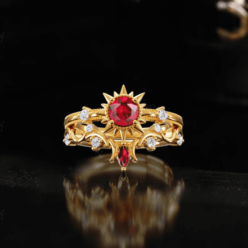 Vintage Celestial Ruby Engagement Ring Set - Sun and Moon Bridal Set in 14k Yellow Gold Vermeil ...
