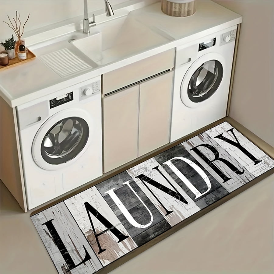 Vintage Checkered Wood Grain Laundry Room Rug, Worn-Out Damaged Look ...
