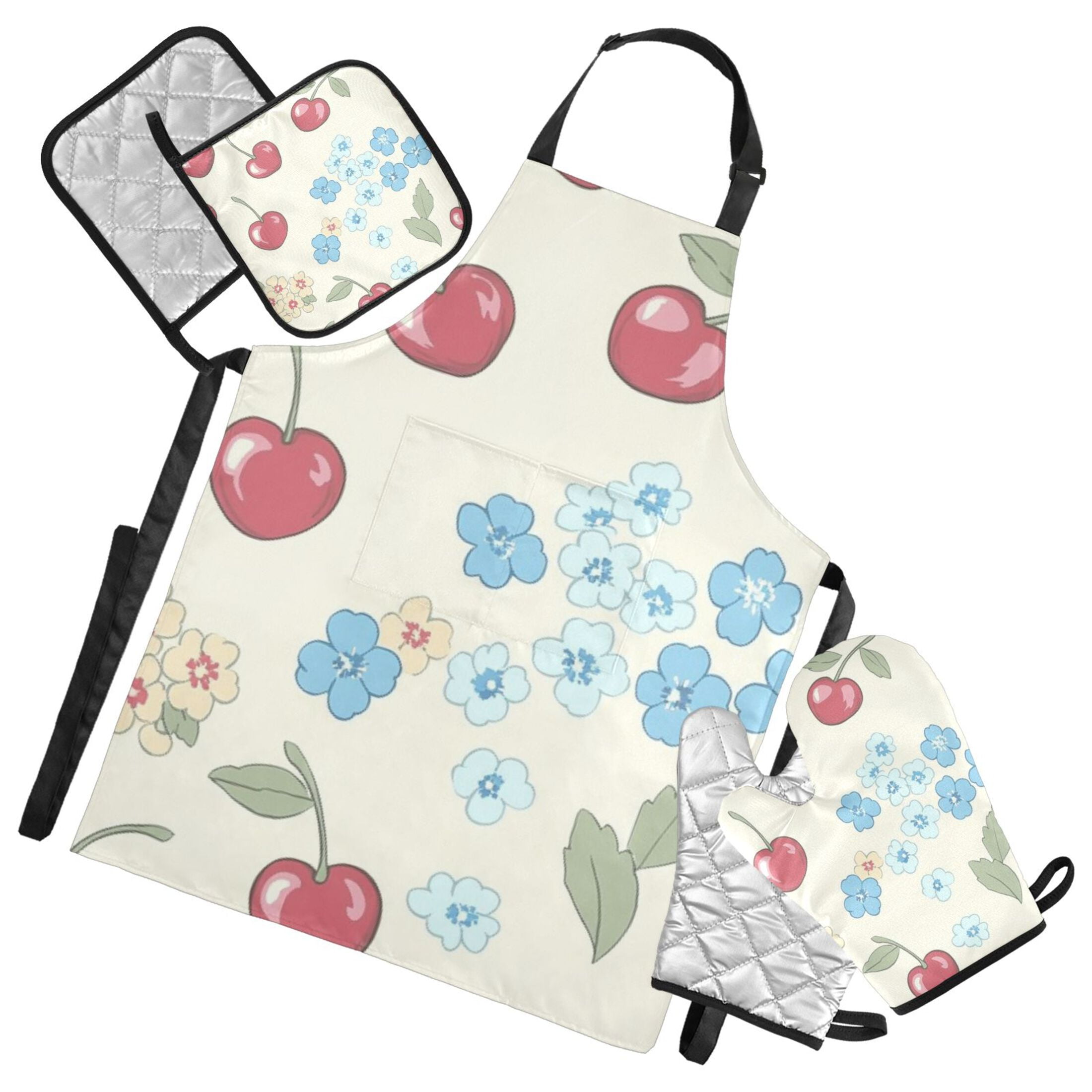 Vintage Cherries and Flowers Oven Mitts and Pot Holders with Chef Apron ...