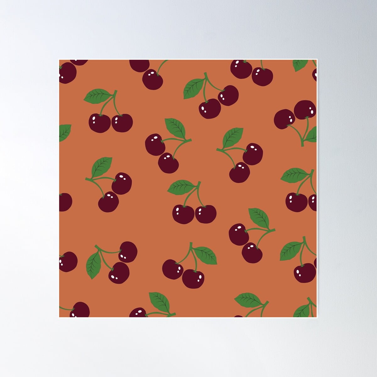 Vintage Cherry Pattern On Burnt Terracotta Background - Numbered Clock ...