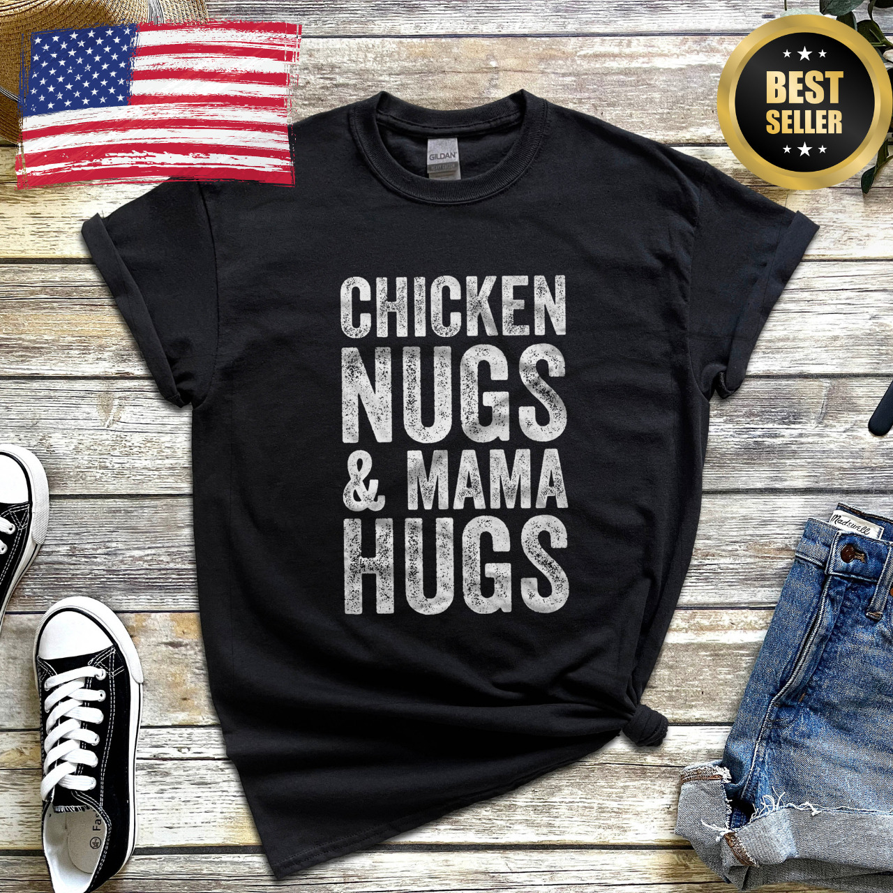 Vintage Chicken Nugs and Mama Hugs for Nugget Lover Funny T-Shirt ...