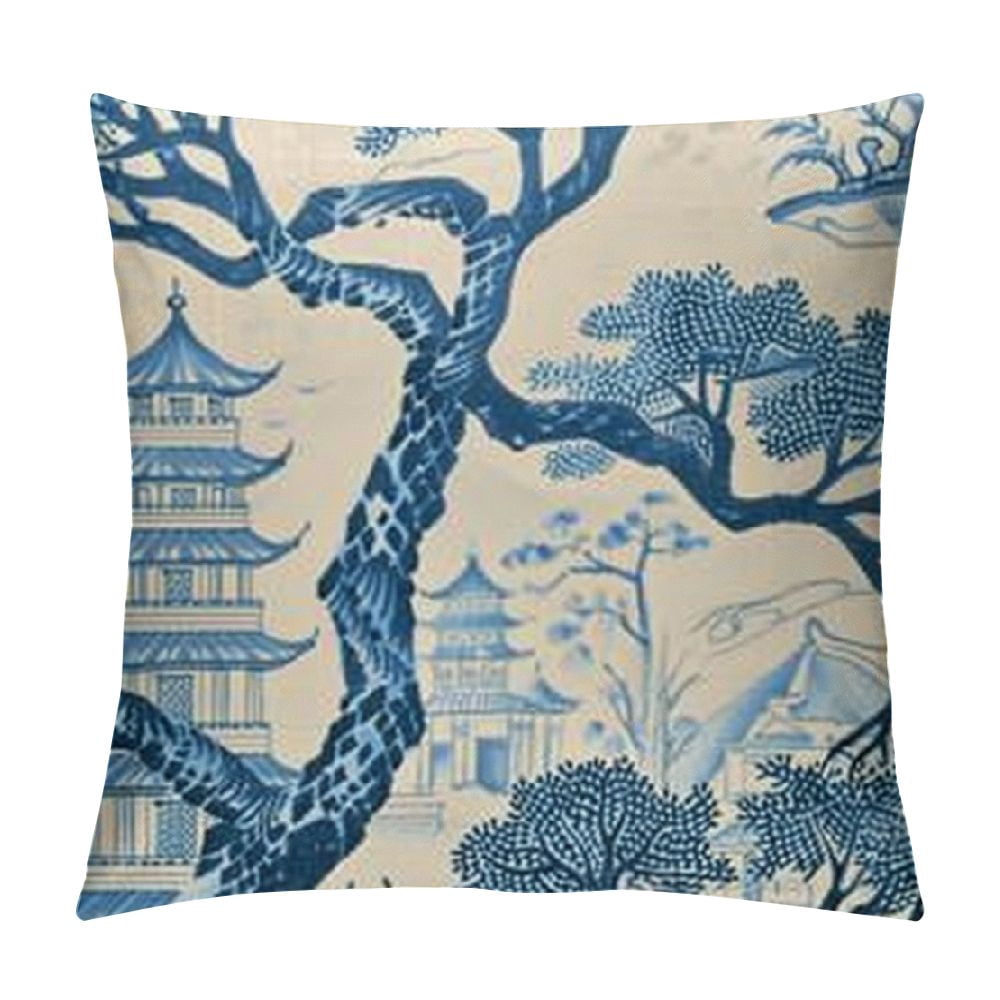 Vintage Chinese Pagoda Trees Pillowcases Floral Seamless Pattern Blue ...