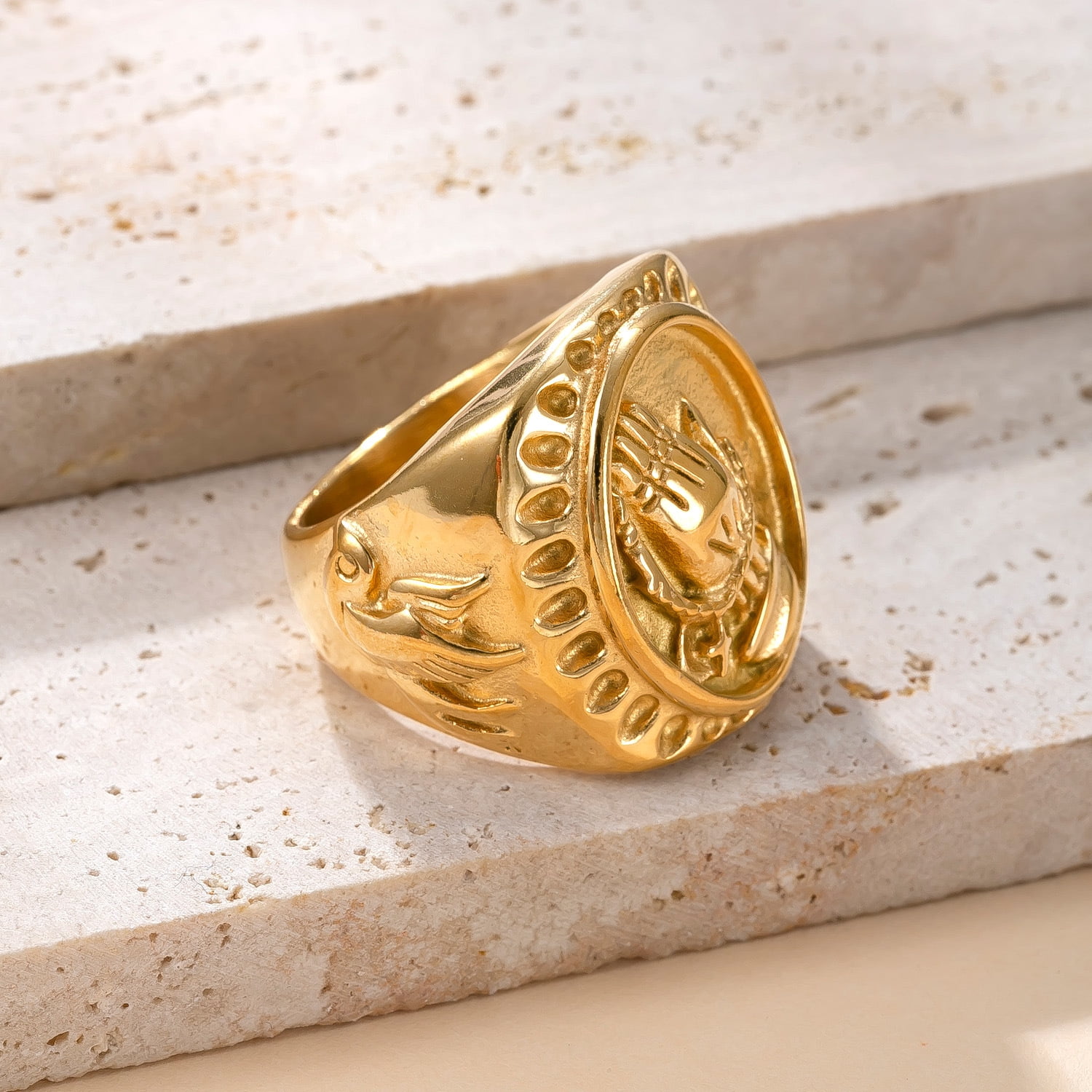 Vintage Christ Prayer Signet Ring Men Male Crow Cross 14K Yellow Gold Biker Ring Fashion Lucky ...