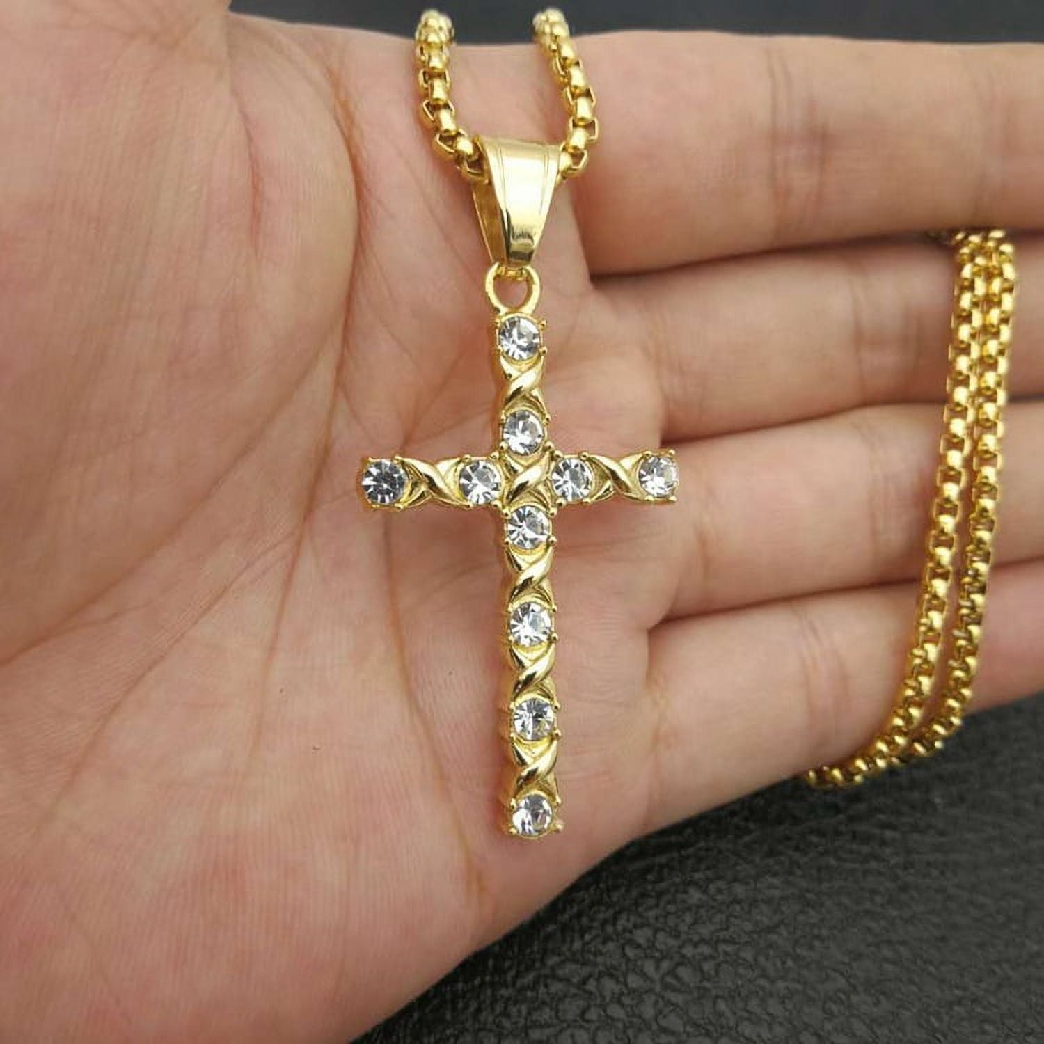 Vintage Christian Ice Crystal Pendant 14K Yellow Gold Necklace for Men ...