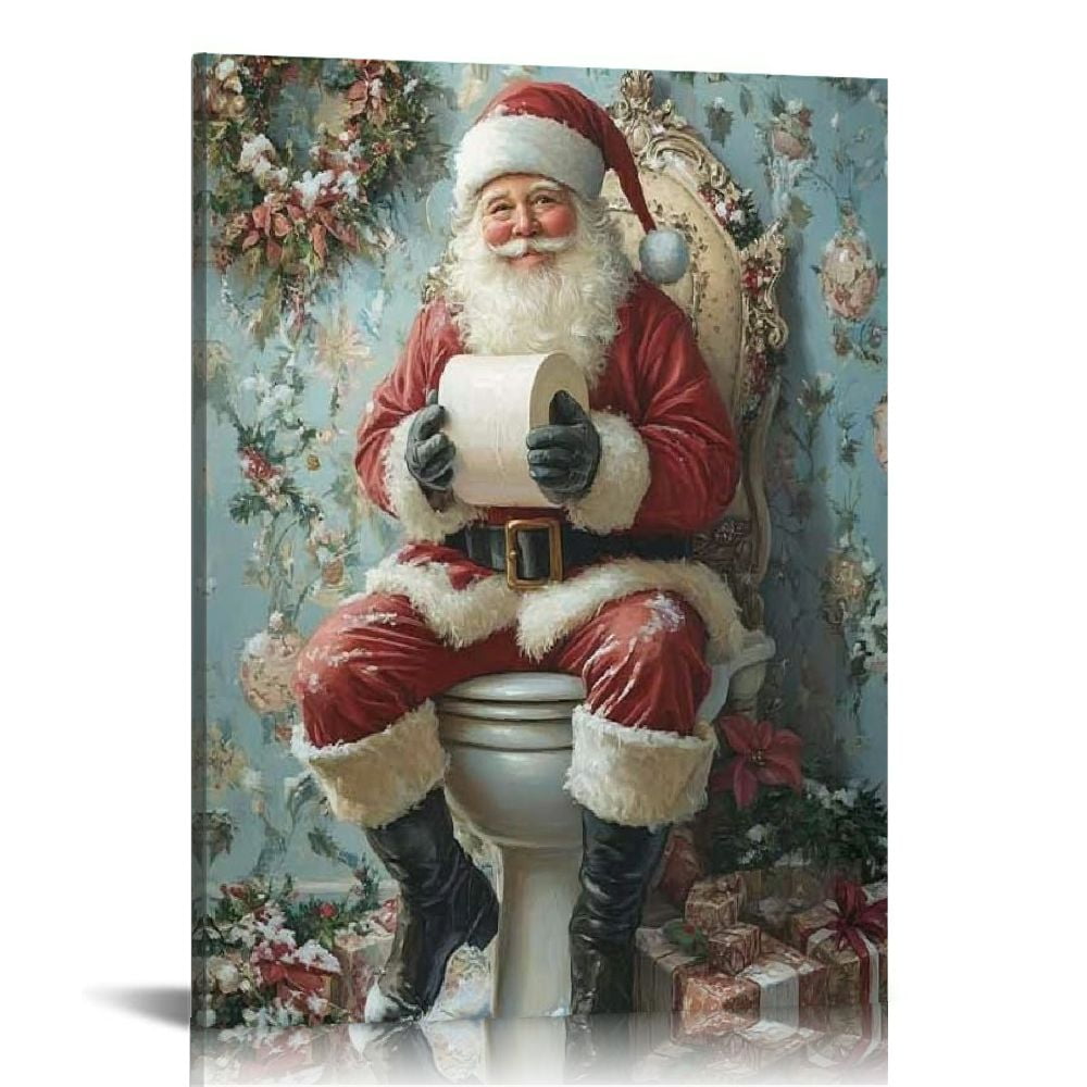 Vintage Christmas Canvas Wall Art Christmas Santa Claus Pictures Prints Moose Sitting on Toilet ...