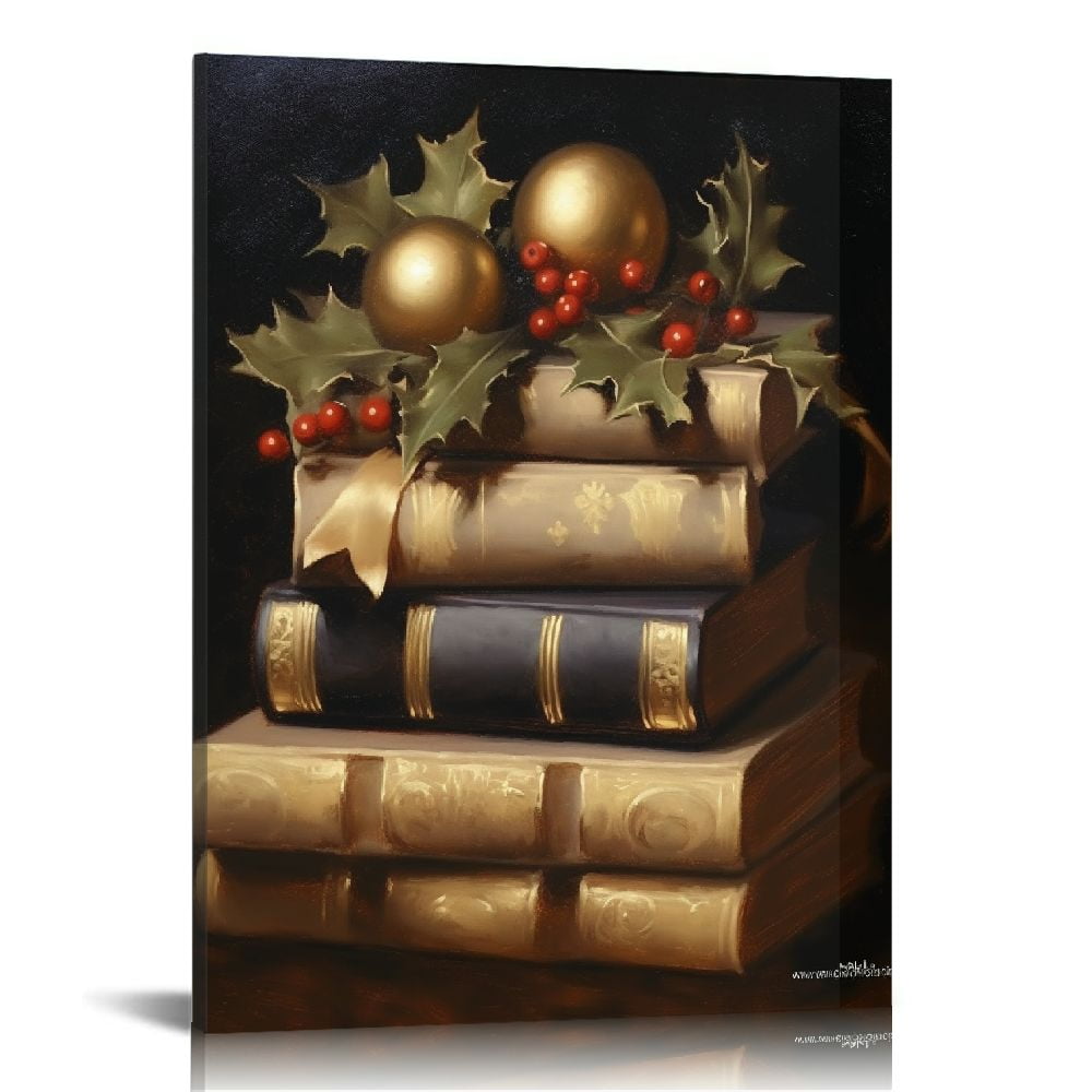 Vintage Christmas Canvas Wall Art, Rustic Books Art Still Life Pictures ...