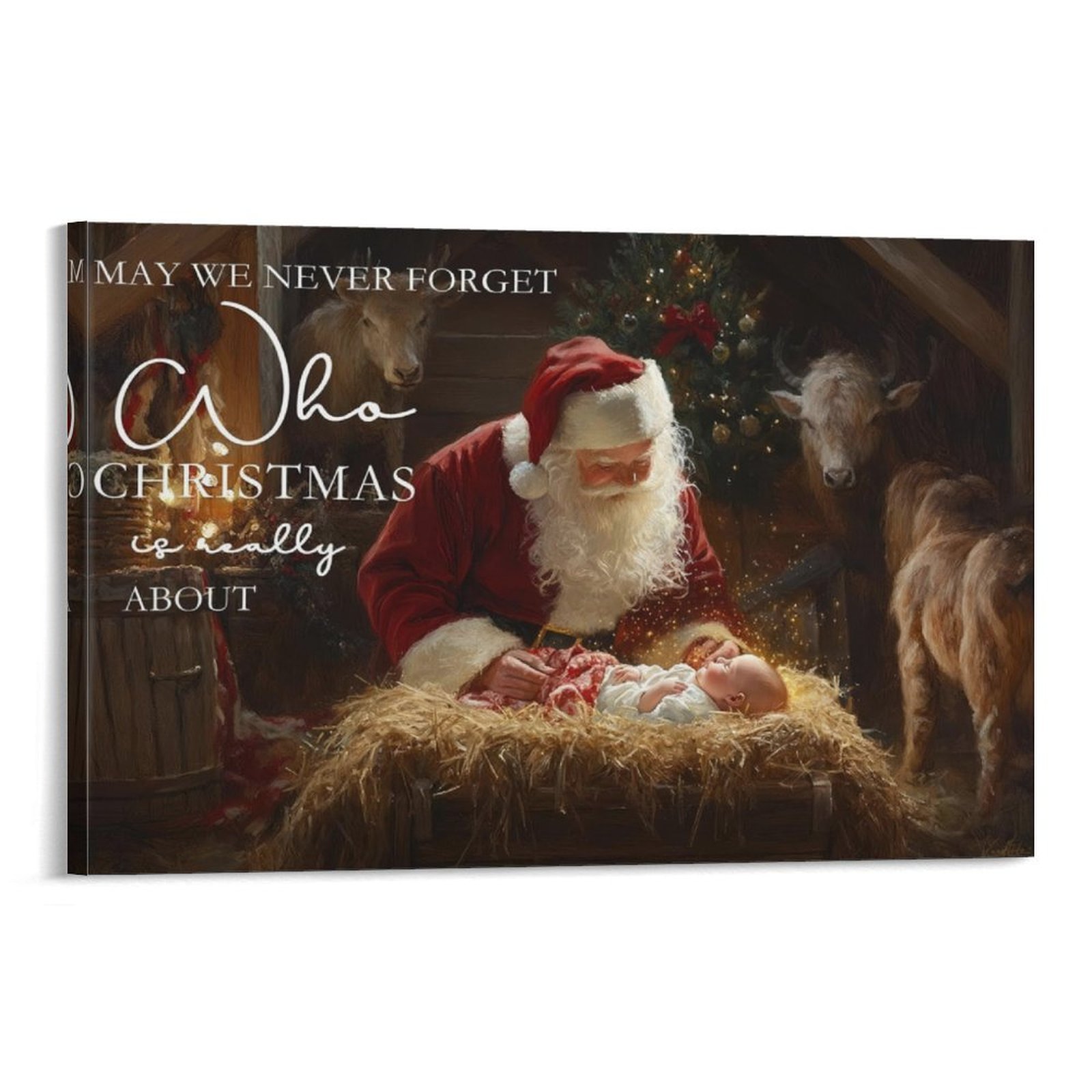 Vintage Christmas Canvas Wall Art Santa Claus and Baby Jesus in Stables ...