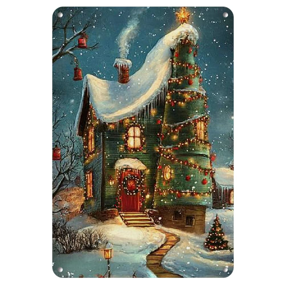 Vintage Christmas Cottage Metal Sign, 8x12 Inch - Festive Iron Wall ...
