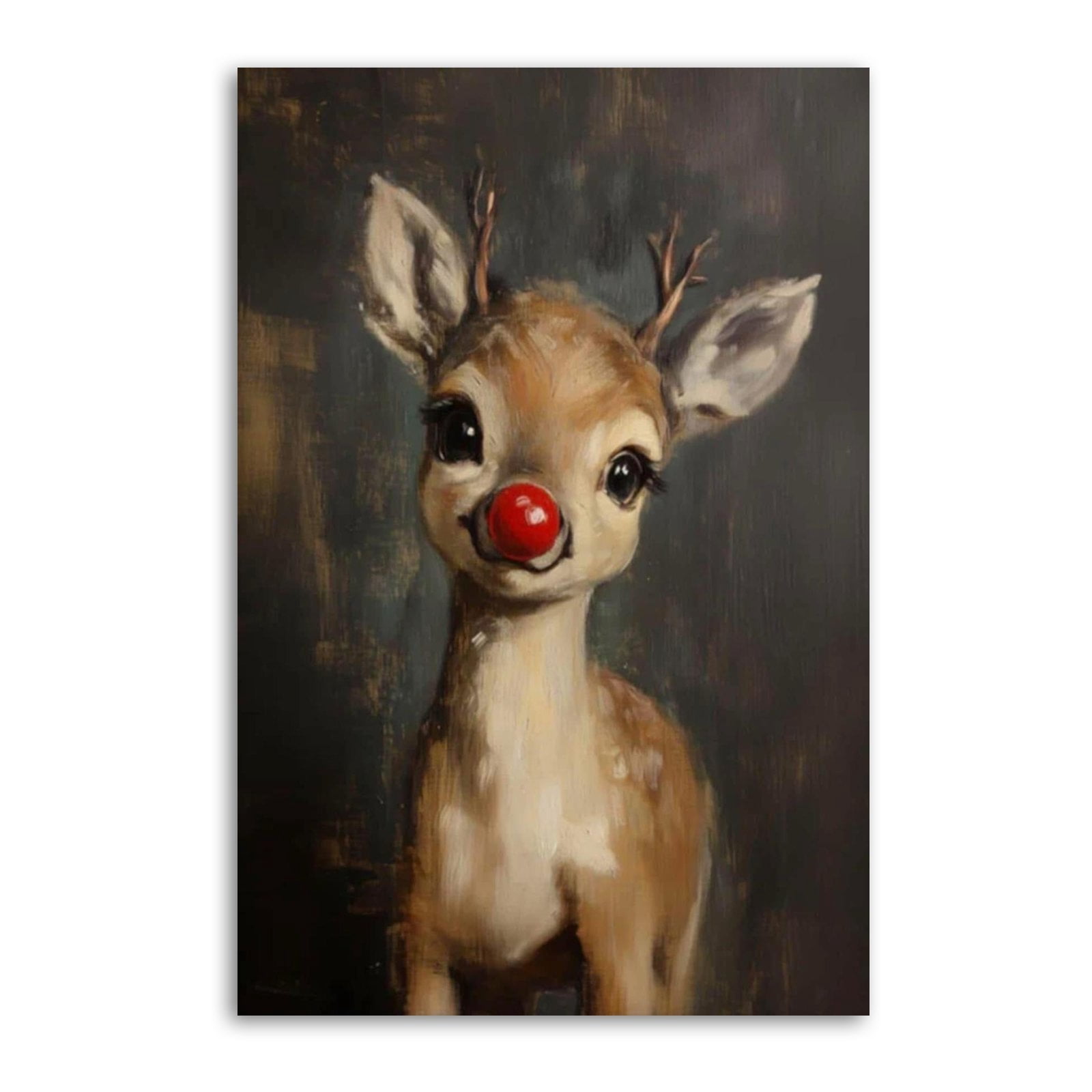 Vintage Christmas Cute Winter Rudolph Red Nose Reindeer Painting On ...