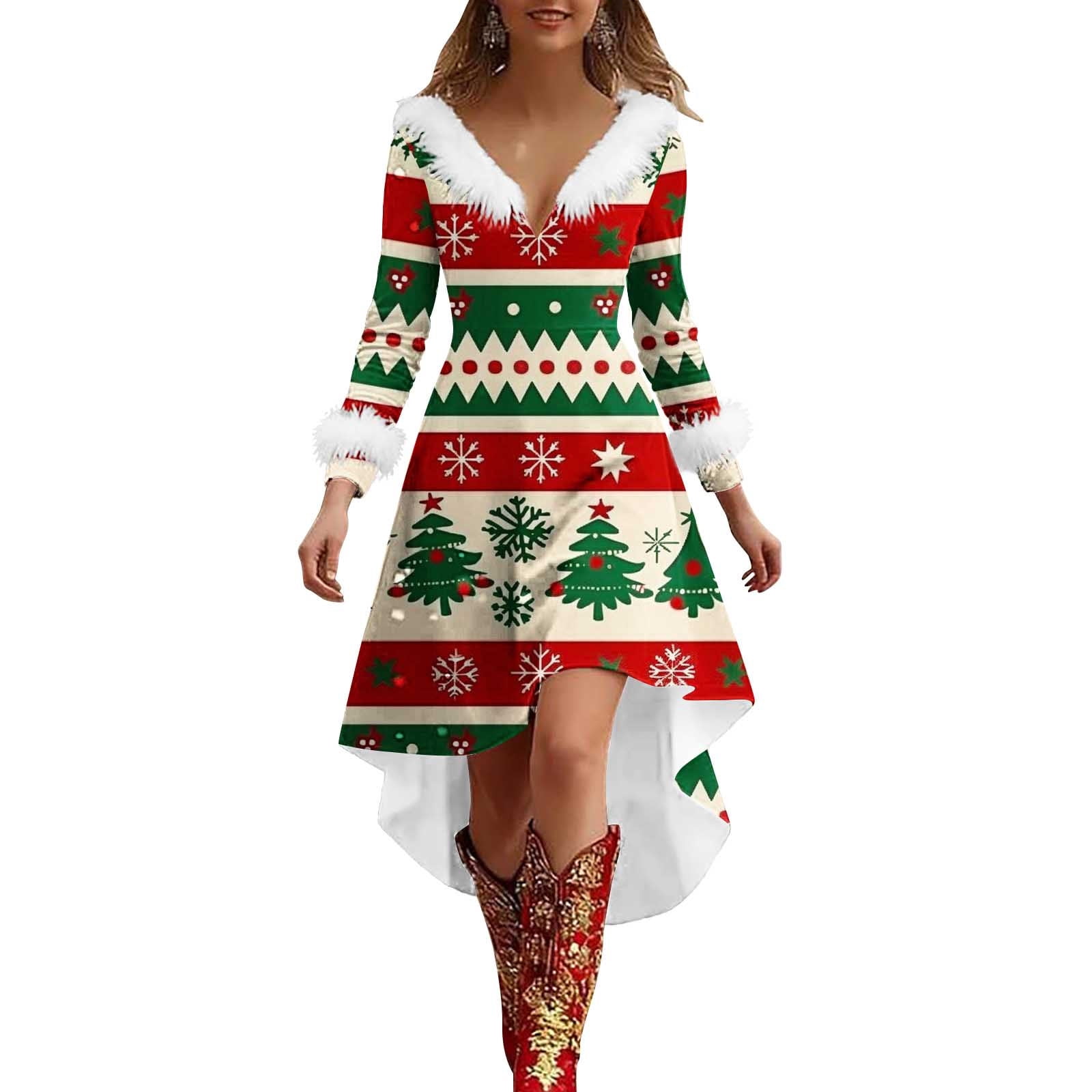 Vintage Christmas Dresses for Women Long Sleeve Furry V-Neck Audrey ...