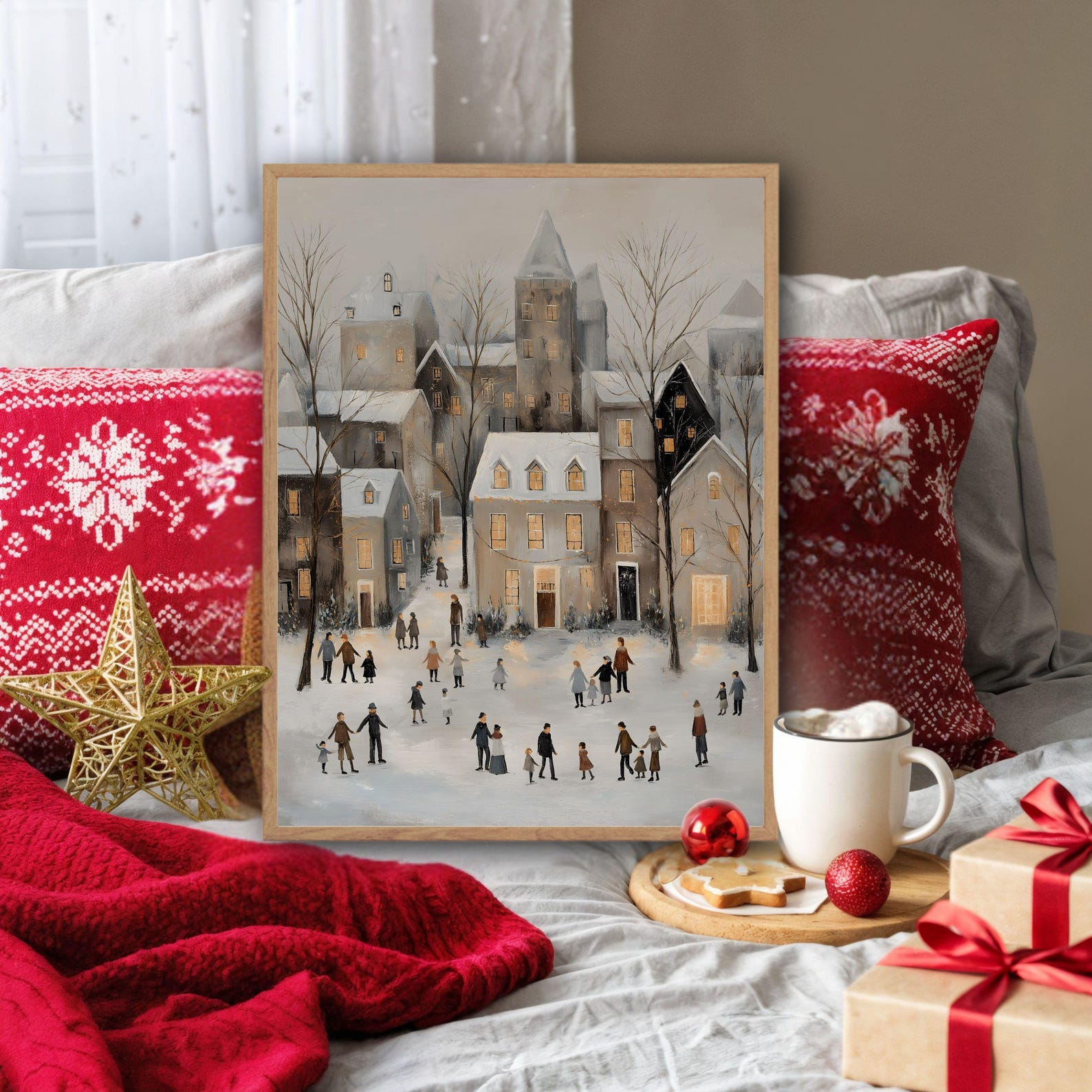 Vintage Christmas Festive Village Print, Moody Christmas Art, Snowy ...
