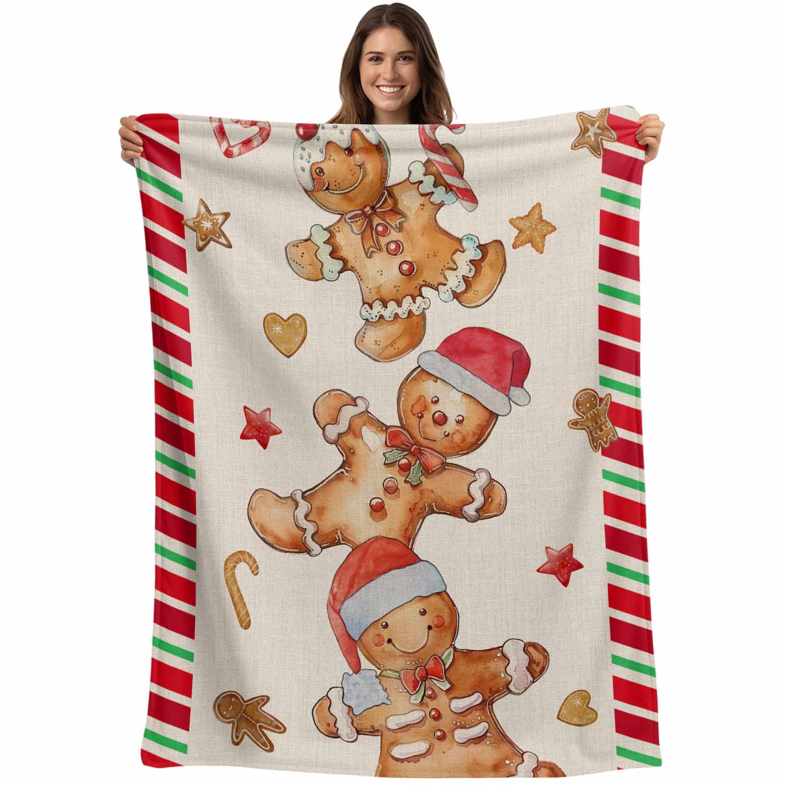 Vintage Christmas Gingerbread Man Throw Blankets, Red Green Stripes ...