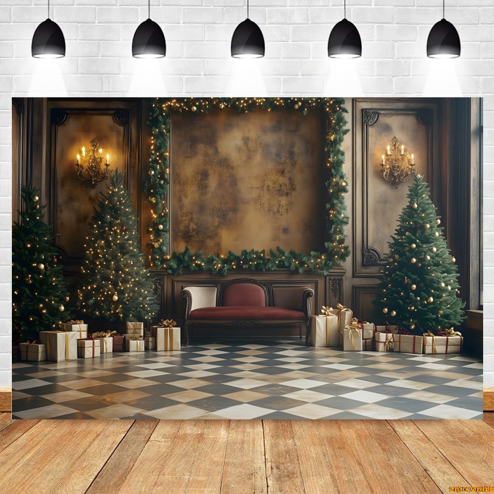 Vintage Christmas Room Backdrop for Photography Retro Wall Wreath Arch ...